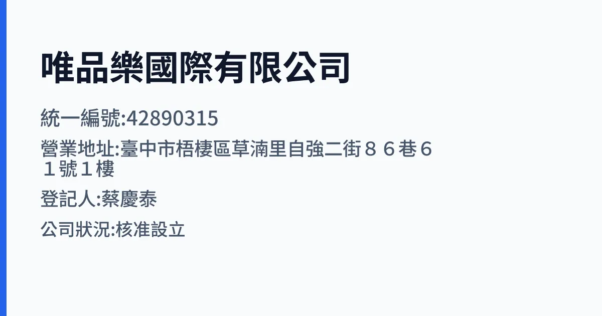唯品樂國際有限公司 - 統編 42890315(臺中市) 公司登記資料與營業項目詳細圖表