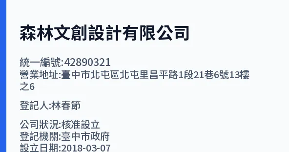 森林文創設計有限公司的照片-統編 42890321(臺中市) 公司登記資料與營業項目詳細圖表