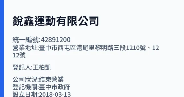 銳鑫運動有限公司的照片-統編 42891200(臺中市) 公司登記資料與營業項目詳細圖表