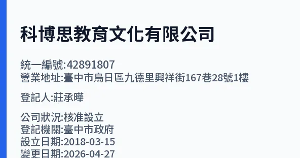 科博思教育文化有限公司的照片-統編 42891807(臺中市) 公司登記資料與營業項目詳細圖表