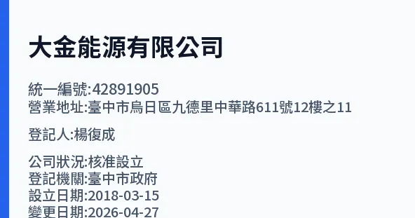 大金能源有限公司的照片-統編 42891905(臺中市) 公司登記資料與營業項目詳細圖表