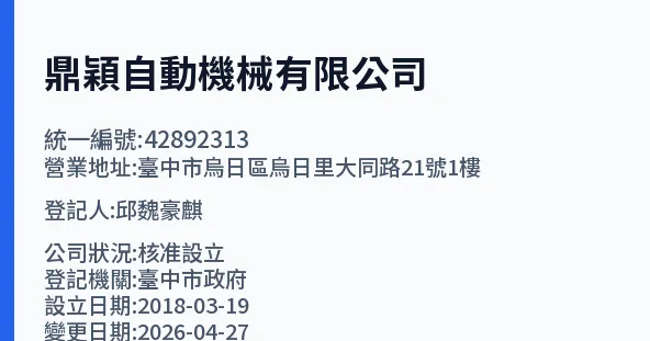 鼎穎自動機械有限公司的照片-統編 42892313(臺中市) 公司登記資料與營業項目詳細圖表