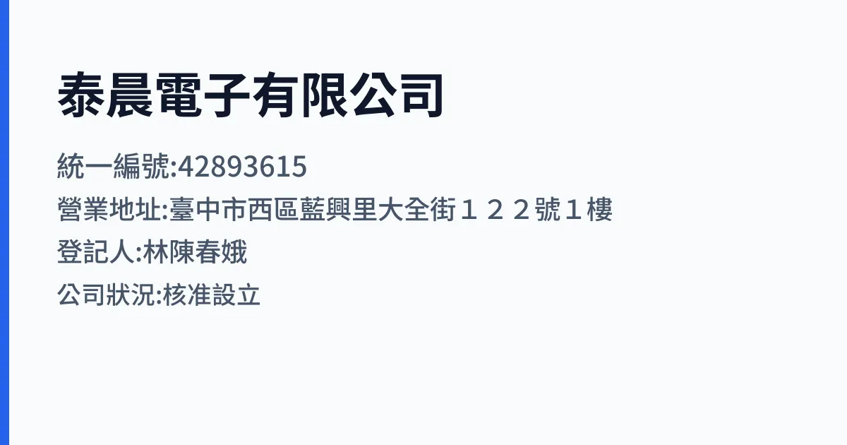 泰晨電子有限公司 - 統編 42893615(臺中市) 公司登記資料與營業項目詳細圖表