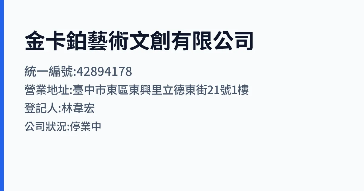 金卡鉑藝術文創有限公司 - 統編 42894178(臺中市) 公司登記資料與營業項目詳細圖表