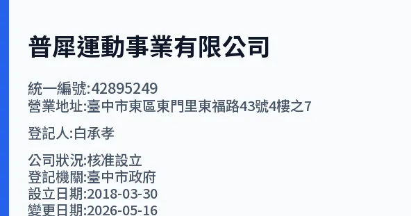 普犀運動事業有限公司的照片-統編 42895249(臺中市) 公司登記資料與營業項目詳細圖表
