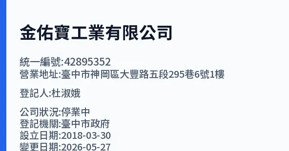 金佑寶工業有限公司的照片-統編 42895352(臺中市) 公司登記資料與營業項目詳細圖表