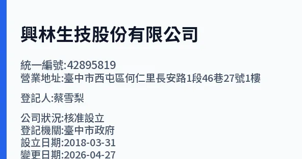 興林生技股份有限公司的照片-統編 42895819(臺中市) 公司登記資料與營業項目詳細圖表