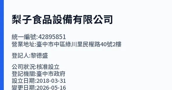梨子食品設備有限公司的照片-統編 42895851(臺中市) 公司登記資料與營業項目詳細圖表