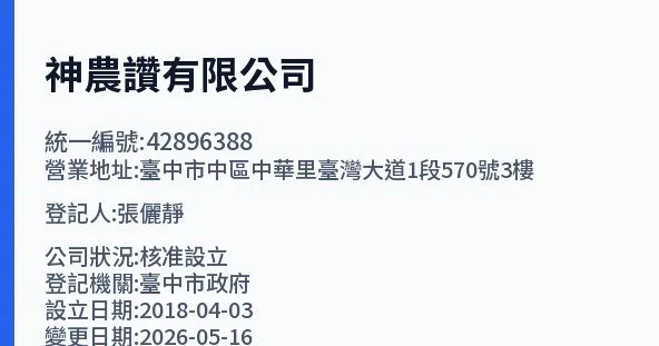 神農讚有限公司的照片-統編 42896388(臺中市) 公司登記資料與營業項目詳細圖表