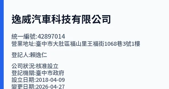逸威汽車科技有限公司的照片-統編 42897014(臺中市) 公司登記資料與營業項目詳細圖表