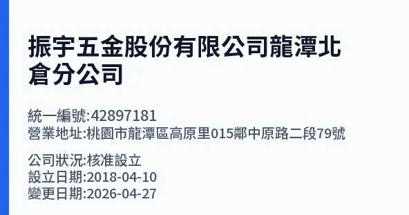 振宇五金股份有限公司龍潭北倉分公司的照片-統編 42897181(桃園市) 公司登記資料與營業項目詳細圖表