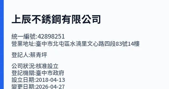 上辰不銹鋼有限公司的照片-統編 42898251(臺中市) 公司登記資料與營業項目詳細圖表