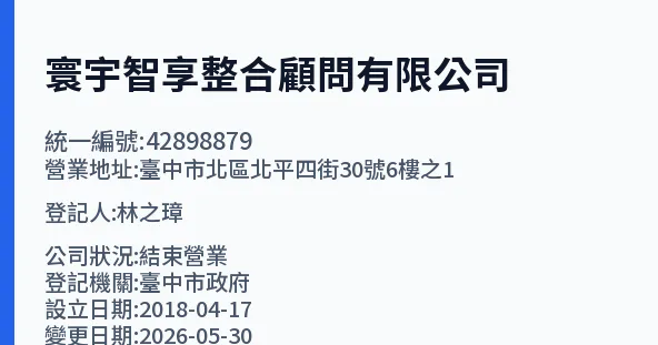 寰宇智享整合顧問有限公司的照片-統編 42898879(臺中市) 公司登記資料與營業項目詳細圖表