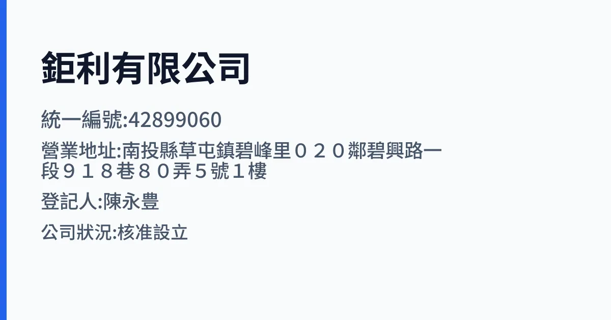 鉅利有限公司 - 統編 42899060(南投縣) 公司登記資料與營業項目詳細圖表