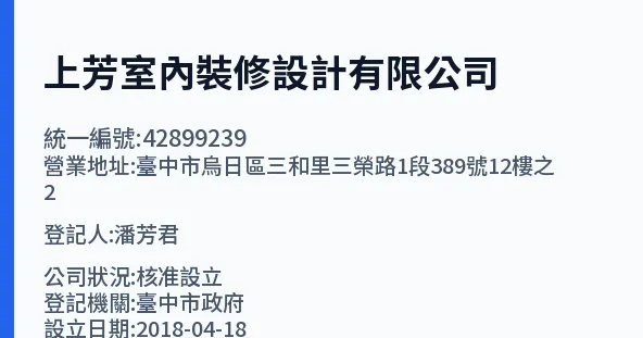上芳室內裝修設計有限公司的照片-統編 42899239(臺中市) 公司登記資料與營業項目詳細圖表
