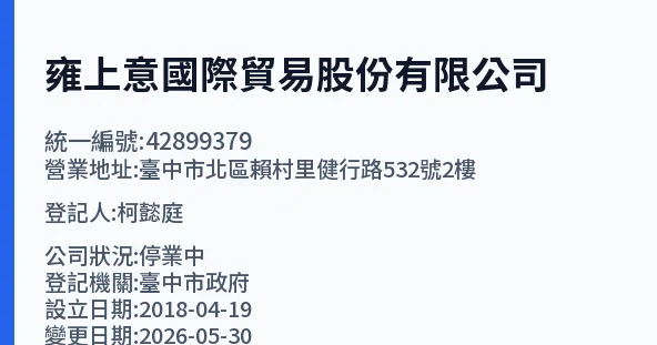 雍上意國際貿易股份有限公司的照片-統編 42899379(臺中市) 公司登記資料與營業項目詳細圖表
