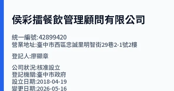 侯彩擂餐飲管理顧問有限公司的照片-統編 42899420(臺中市) 公司登記資料與營業項目詳細圖表