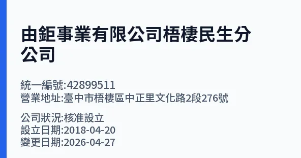 由鉅事業有限公司梧棲民生分公司的照片-統編 42899511(臺中市) 公司登記資料與營業項目詳細圖表