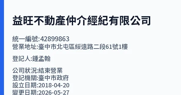 益旺不動產仲介經紀有限公司的照片-統編 42899863(臺中市) 公司登記資料與營業項目詳細圖表
