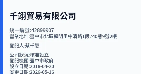 千翊貿易有限公司的照片-統編 42899907(臺中市) 公司登記資料與營業項目詳細圖表