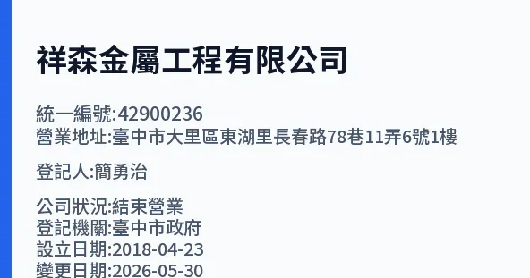 祥森金屬工程有限公司的照片-統編 42900236(臺中市) 公司登記資料與營業項目詳細圖表