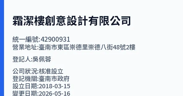 霜潔樓創意設計有限公司的照片-統編 42900931(臺南市) 公司登記資料與營業項目詳細圖表