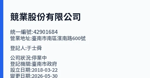 競業股份有限公司的照片-統編 42901684(臺南市) 公司登記資料與營業項目詳細圖表