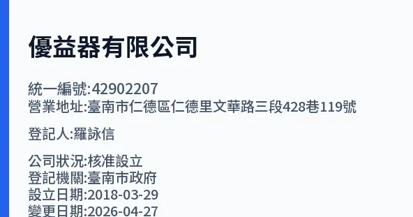 優益器有限公司的照片-統編 42902207(臺南市) 公司登記資料與營業項目詳細圖表
