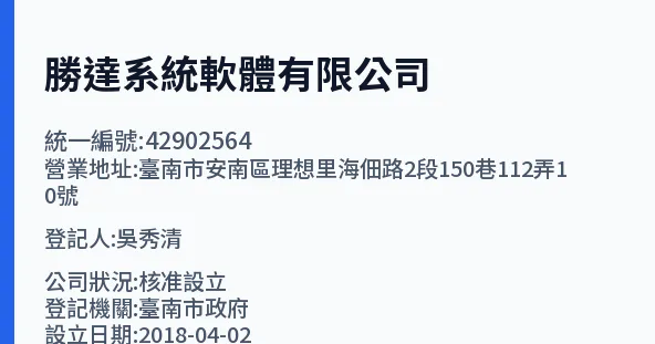 勝達系統軟體有限公司的照片-統編 42902564(臺南市) 公司登記資料與營業項目詳細圖表