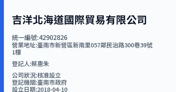 吉洋北海道國際貿易有限公司的照片-統編 42902826(臺南市) 公司登記資料與營業項目詳細圖表