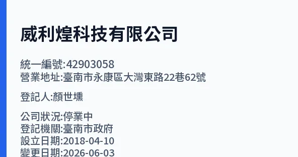 威利煌科技有限公司的照片-統編 42903058(臺南市) 公司登記資料與營業項目詳細圖表
