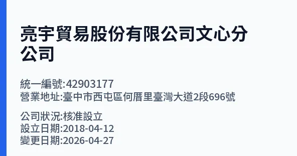 亮宇貿易股份有限公司文心分公司的照片-統編 42903177(臺中市) 公司登記資料與營業項目詳細圖表