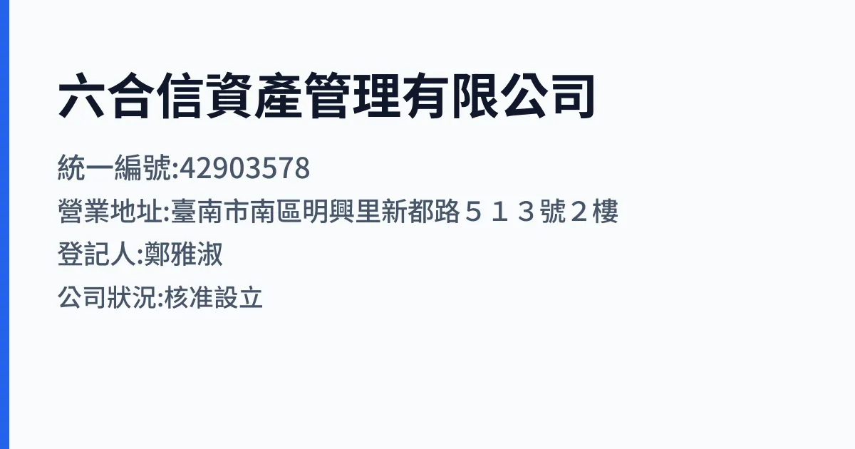 六合信資產管理有限公司 - 統編 42903578(臺南市) 公司登記資料與營業項目詳細圖表