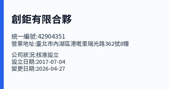 創鉅有限合夥的照片-統編 42904351(臺北市) 公司登記資料與營業項目詳細圖表