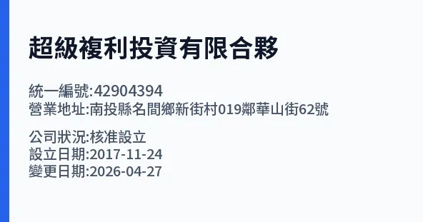 超級複利投資有限合夥的照片-統編 42904394(南投縣) 公司登記資料與營業項目詳細圖表