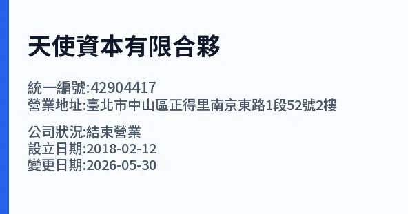 天使資本有限合夥的照片-統編 42904417(臺北市) 公司登記資料與營業項目詳細圖表