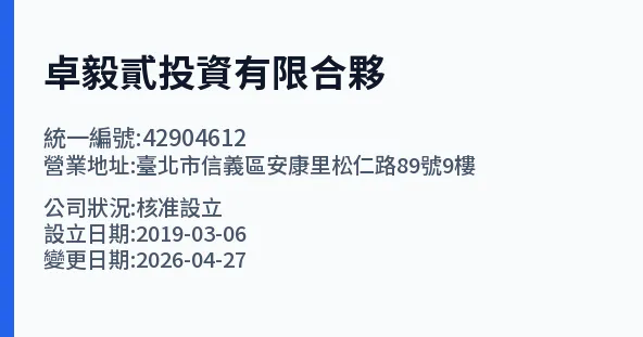 卓毅貳投資有限合夥的照片-統編 42904612(臺北市) 公司登記資料與營業項目詳細圖表