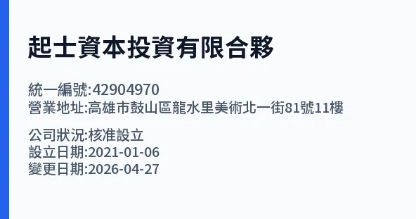 起士資本投資有限合夥的照片-統編 42904970(高雄市) 公司登記資料與營業項目詳細圖表