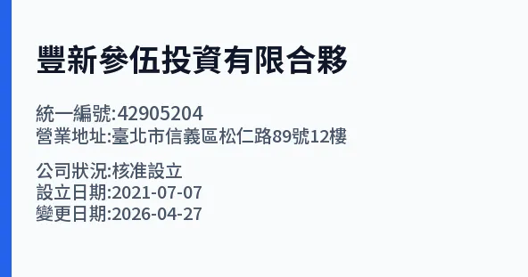 豐新參伍投資有限合夥的照片-統編 42905204(臺北市) 公司登記資料與營業項目詳細圖表