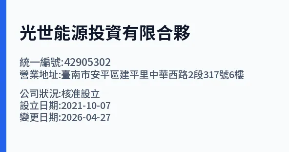 光世能源投資有限合夥的照片-統編 42905302(臺南市) 公司登記資料與營業項目詳細圖表