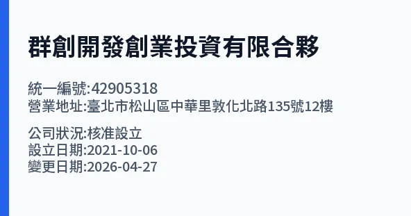 群創開發創業投資有限合夥的照片-統編 42905318(臺北市) 公司登記資料與營業項目詳細圖表