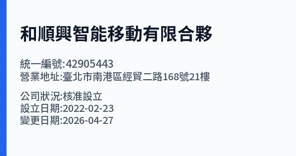 和順興智能移動有限合夥的照片-統編 42905443(臺北市) 公司登記資料與營業項目詳細圖表