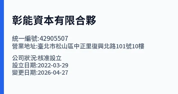 彰能資本有限合夥的照片-統編 42905507(臺北市) 公司登記資料與營業項目詳細圖表