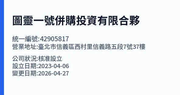 圖靈一號併購投資有限合夥的照片-統編 42905817(臺北市) 公司登記資料與營業項目詳細圖表