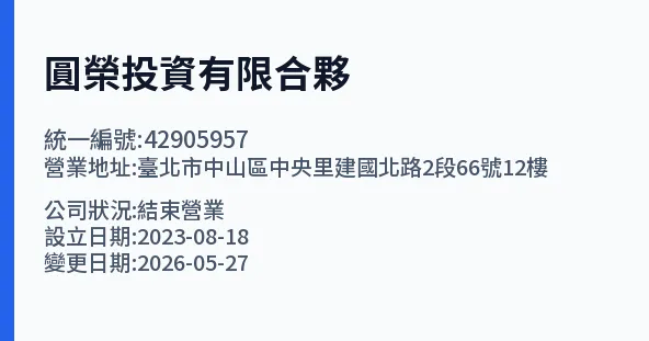 圓榮投資有限合夥的照片-統編 42905957(臺北市) 公司登記資料與營業項目詳細圖表