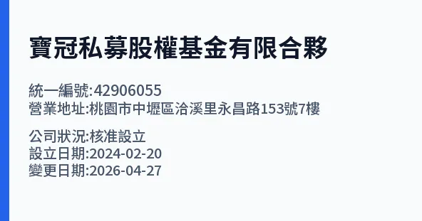 寶冠私募股權基金有限合夥的照片-統編 42906055(桃園市) 公司登記資料與營業項目詳細圖表