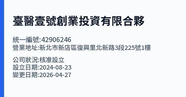 臺醫壹號創業投資有限合夥的照片-統編 42906246(新北市) 公司登記資料與營業項目詳細圖表