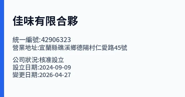 佳味有限合夥的照片-統編 42906323(宜蘭縣) 公司登記資料與營業項目詳細圖表