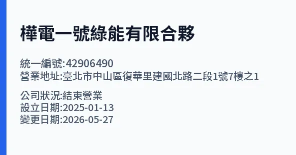 樺電一號綠能有限合夥的照片-統編 42906490(臺北市) 公司登記資料與營業項目詳細圖表