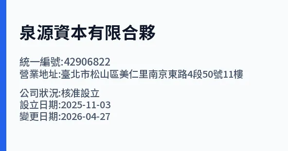泉源資本有限合夥的照片-統編 42906822(臺北市) 公司登記資料與營業項目詳細圖表